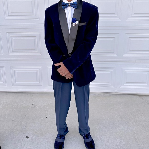 KUDURO | Suits & Blazers | Mens Blue Velvet Blazer Slim Fit One Button ...